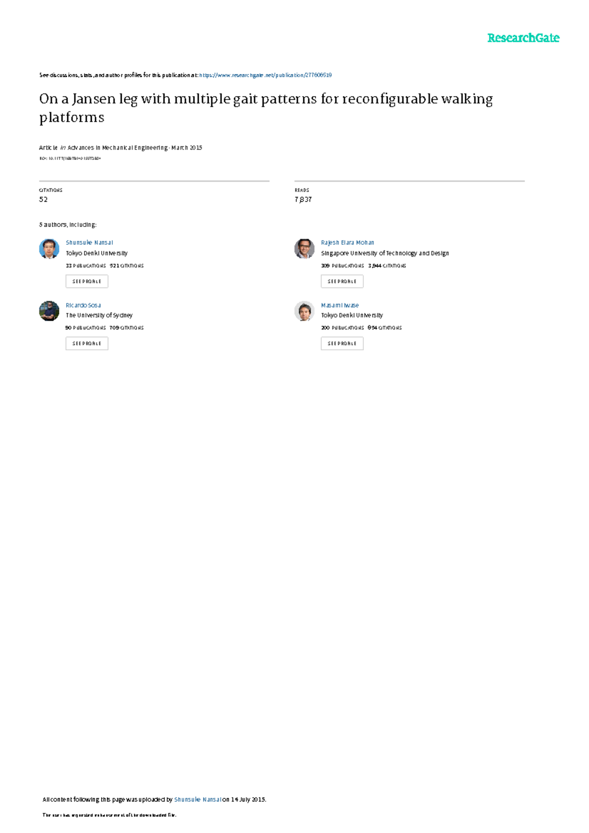 On a Jansen leg with multiple gait patterns for reconfigurable walking ...