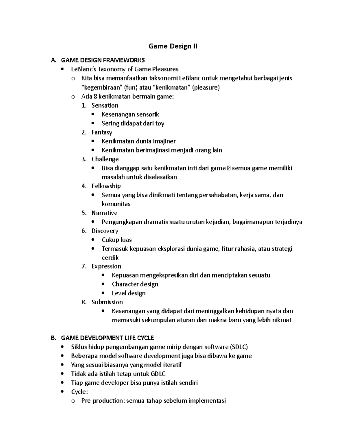 Game Design II - GAME DESIGN FRAMEWORKS LeBlanc’s Taxonomy of Game Pleasures o Kita bisa - Studocu