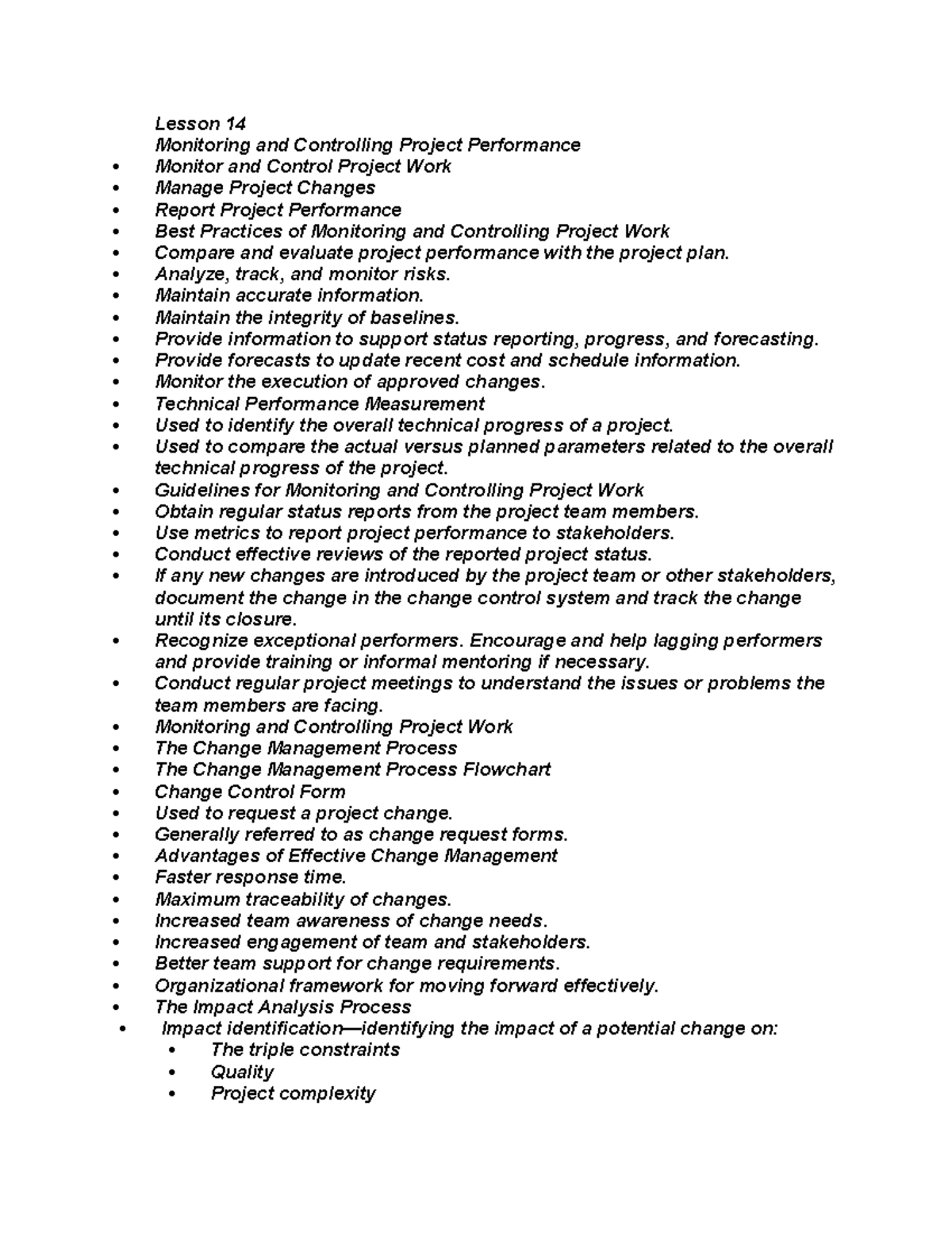 Lesson 14 (Monitoring and Controlling Project Performance) - Lesson 14 ...