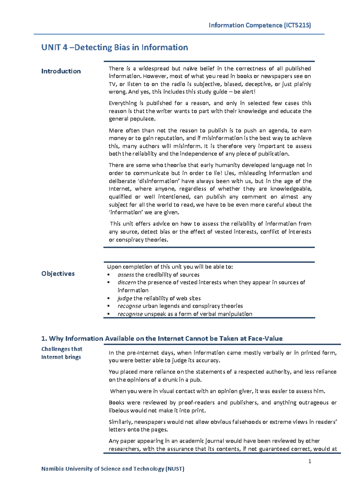 ICT - Unit 4 - N/A - 1 UNIT 4 – Detecting Bias in Information Introduction There is a widespread ...