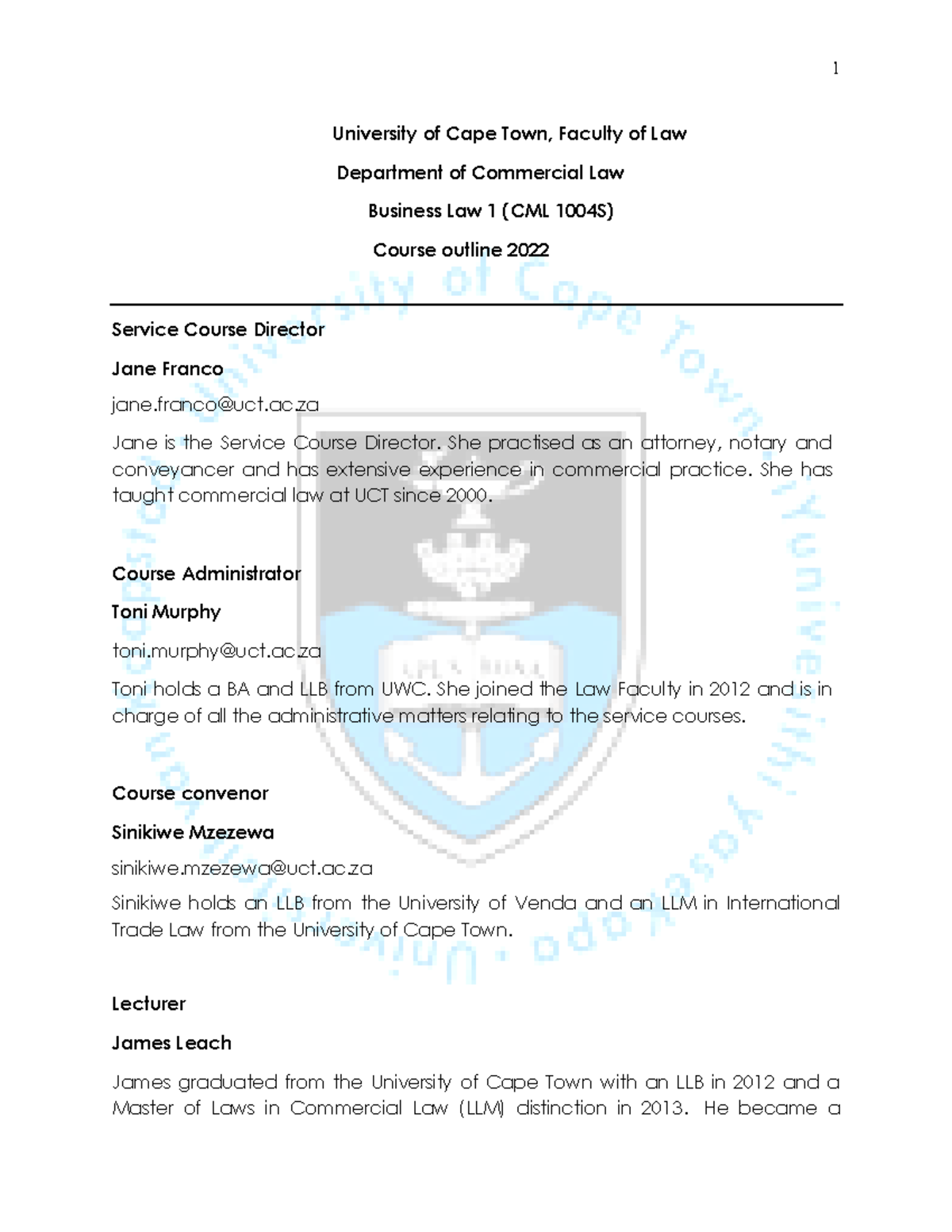 CML 1004S Course Outline - University of Cape Town, Faculty of Law ...
