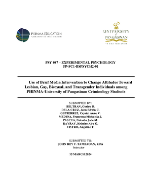 Sample introduction research - Bachelor of Science in Psychology - Q by ...