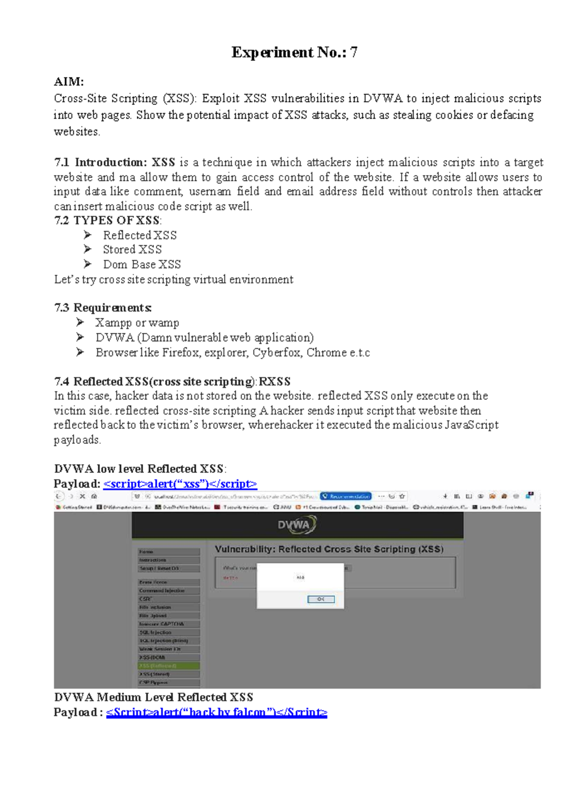 Cyber security lab exp 7-10 - Experiment No.: 7 AIM: Cross-Site Scripting (XSS): Exploit XSS ...