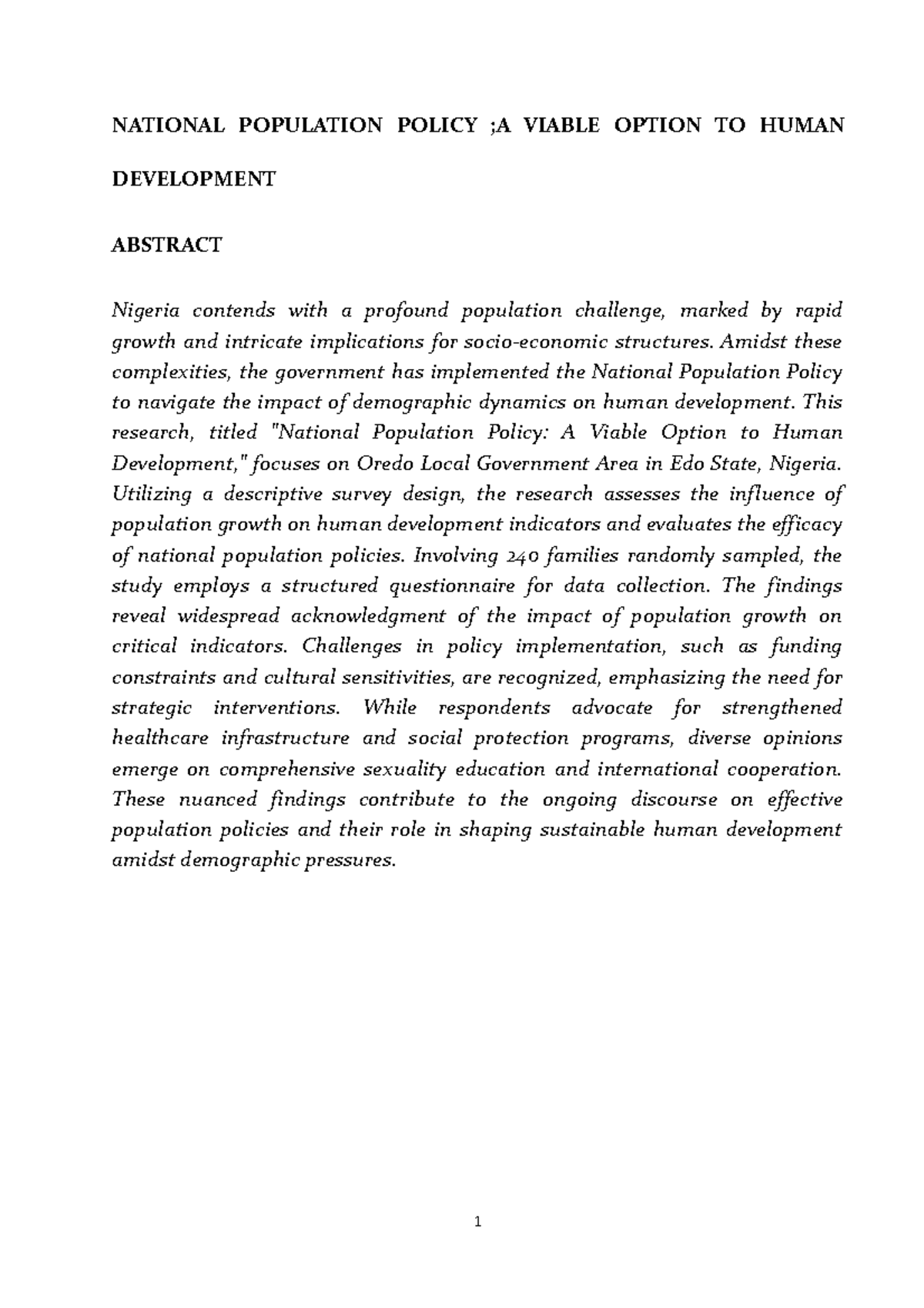 National Population Policy A Viable Option TO Human Development ...