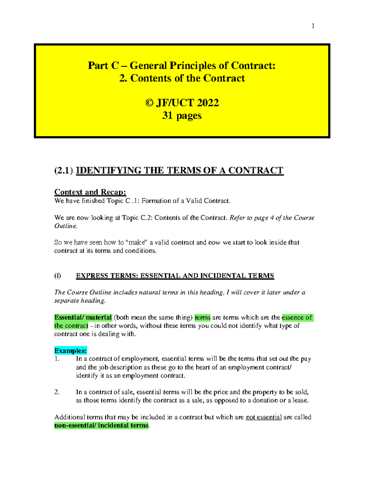 Part C Contents of a Contract notes - (2) IDENTIFYING THE TERMS OF A ...