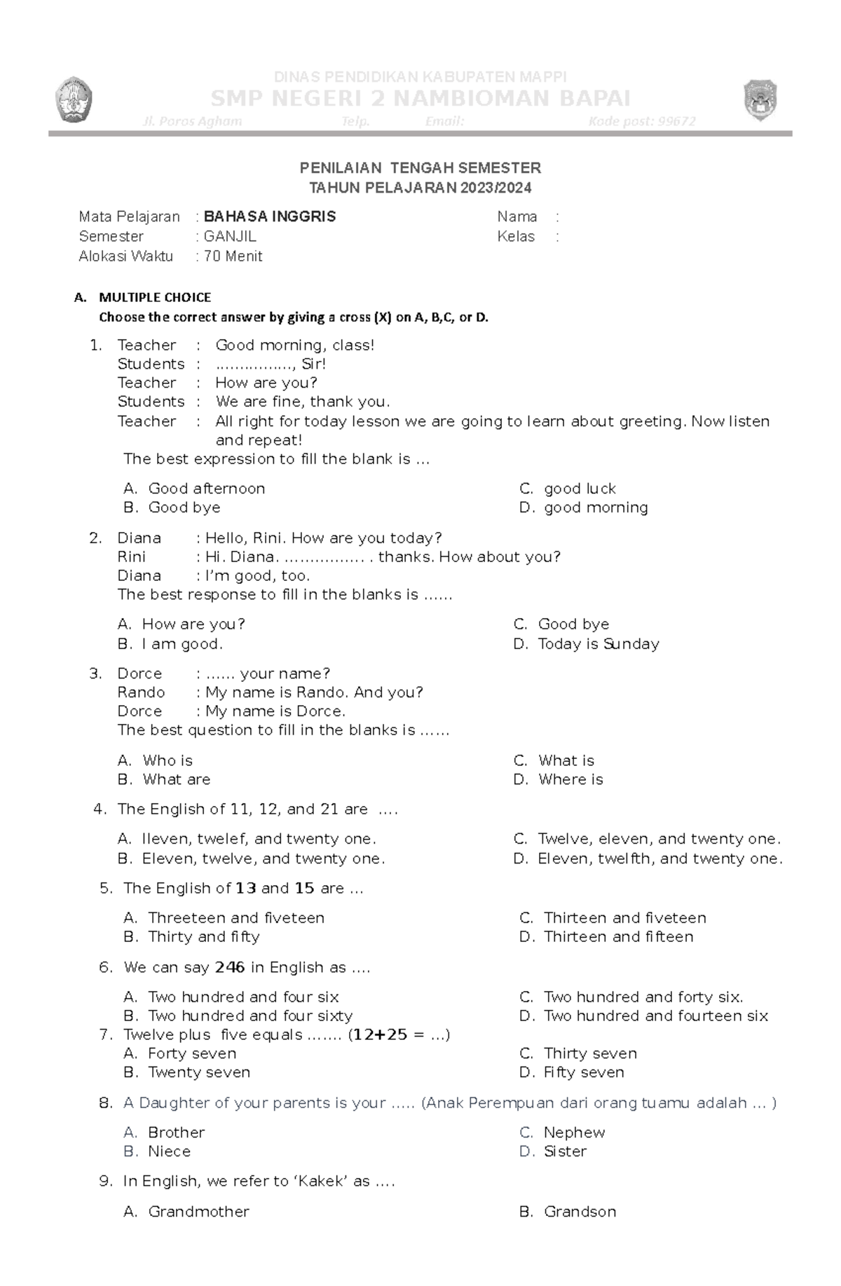 SOAL PTS Ganjil Kelas VII BAHASA INGGRIS - DINAS PENDIDIKAN KABUPATEN MAPPI SMP NEGERI 2 ...