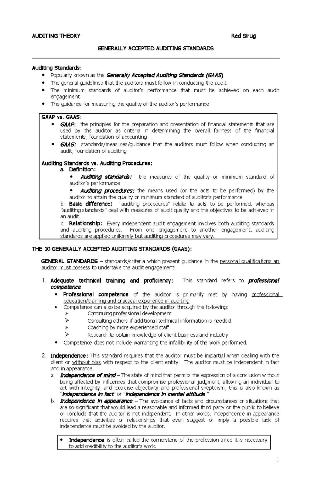 AT GAAP - Generally Accepted Accounting Principles in Auditing. - AUDITING THEORY Red Sirug ...