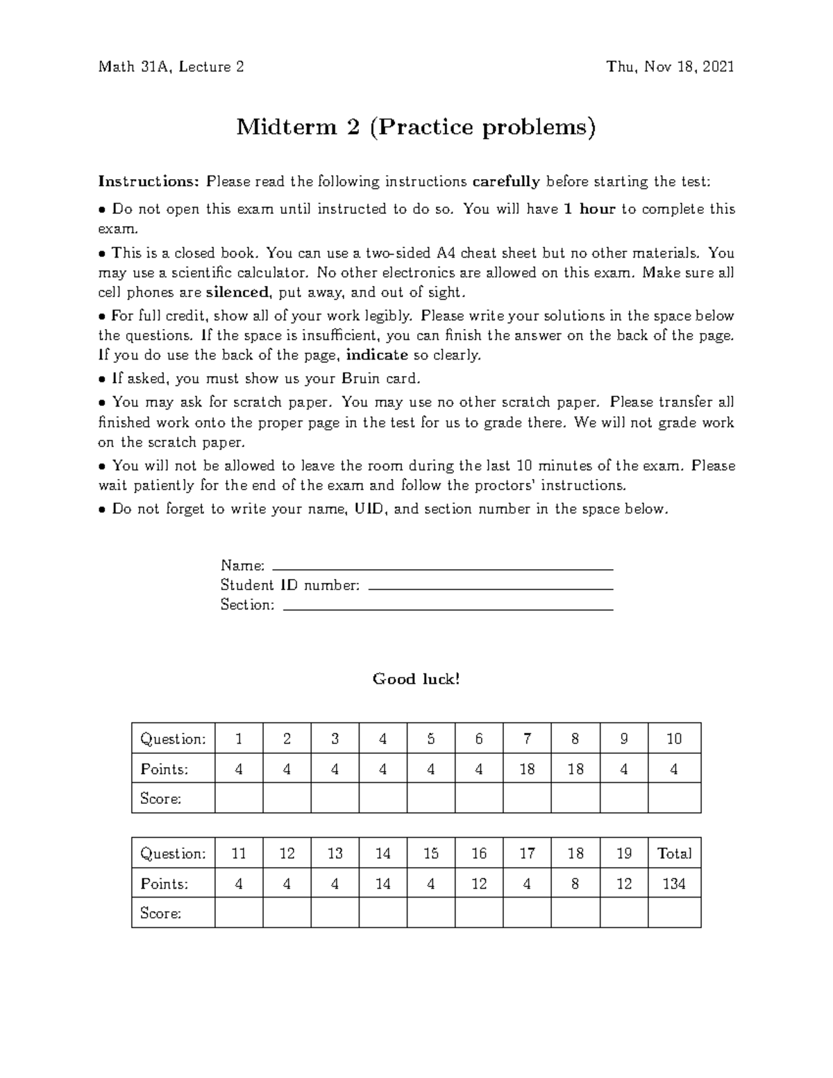 Midterm 2 Study Guide - Math 31A, Lecture 2 Thu, Nov 18, 2021 Midterm 2 (Practice problems ...