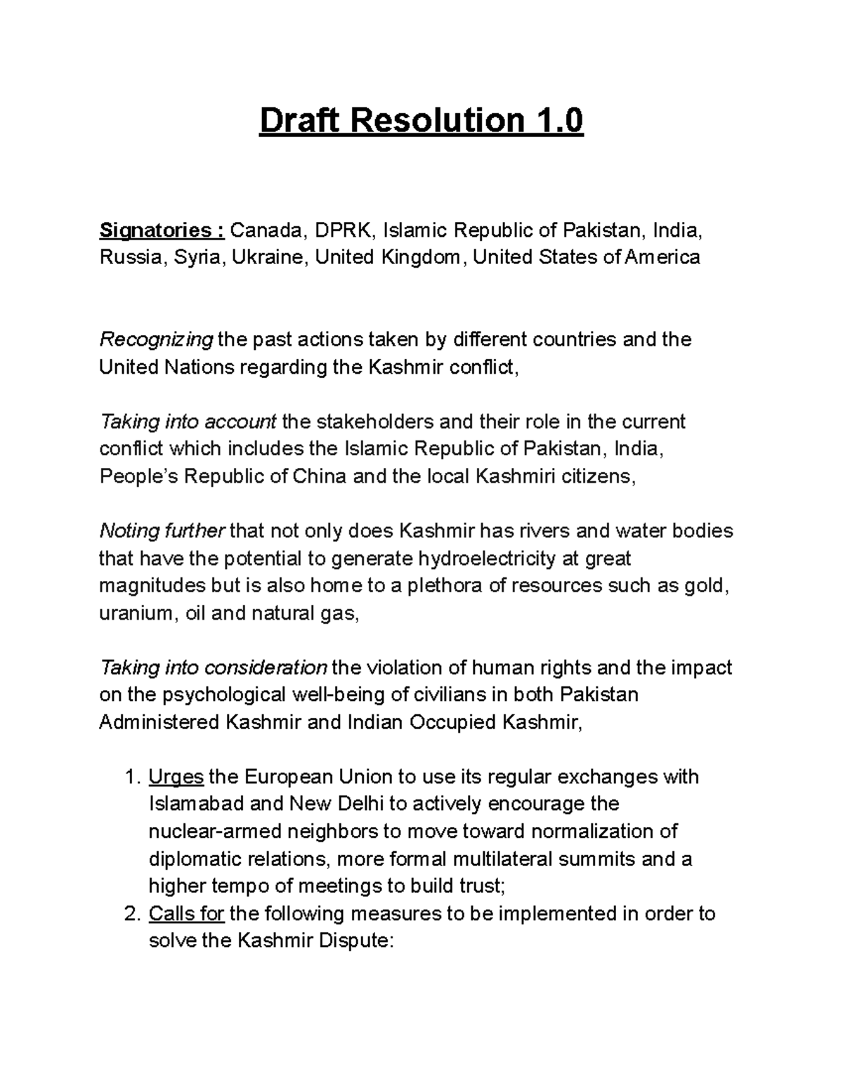 Draft Resolution 1 - good - Draft Resolution 1. Signatories : Canada ...