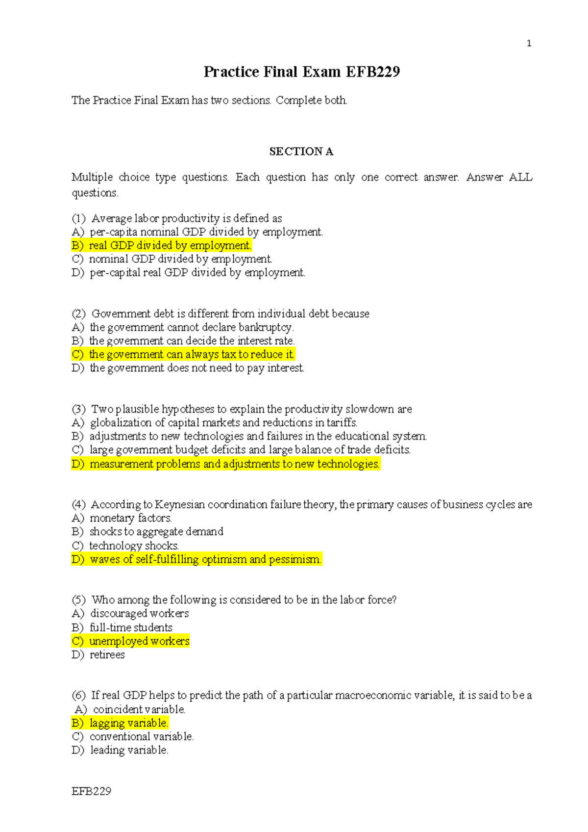 EFB229 practice final exam S2 2022-solutions - Practice Final Exam EFB ...