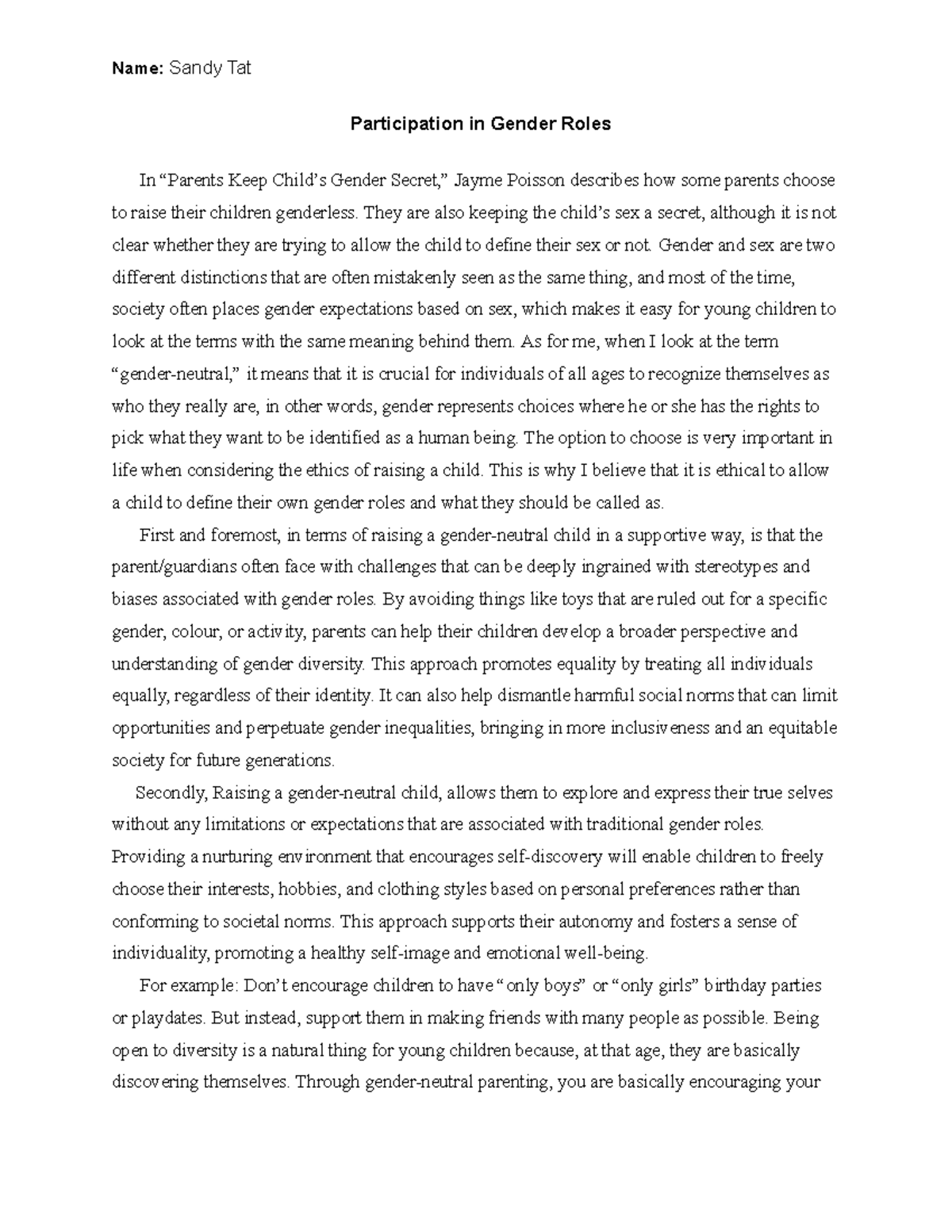 Gender roles - essay - Name: Sandy Tat Participation in Gender Roles In ...