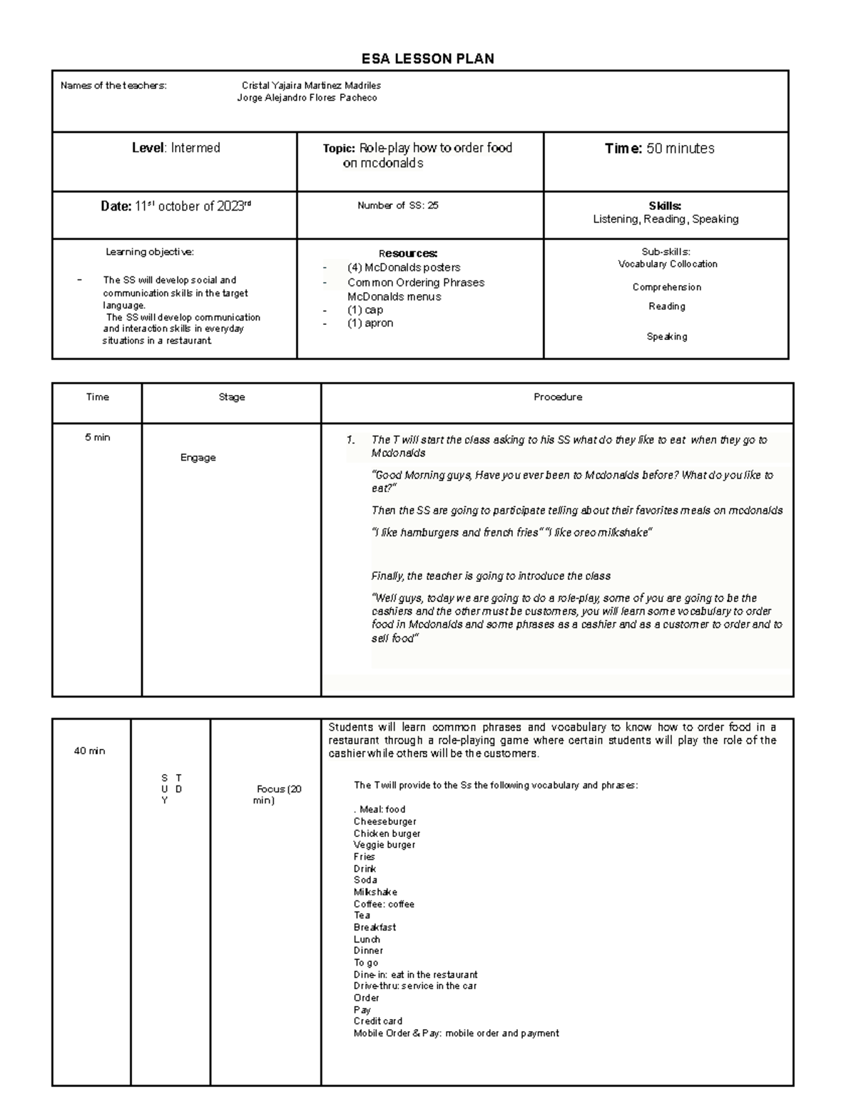 Lesson CLT - trabajo - ESA LESSON PLAN Names of the teachers: Cristal ...