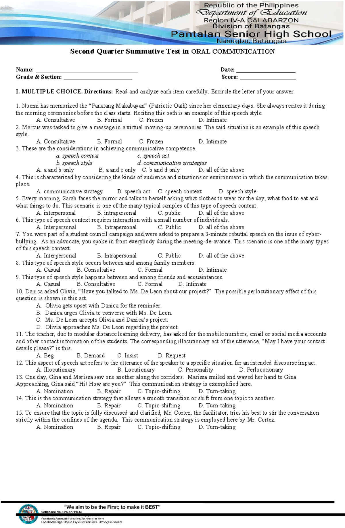 512128008 Summative Test in Oral Comm 2nd quarter - Second Quarter ...