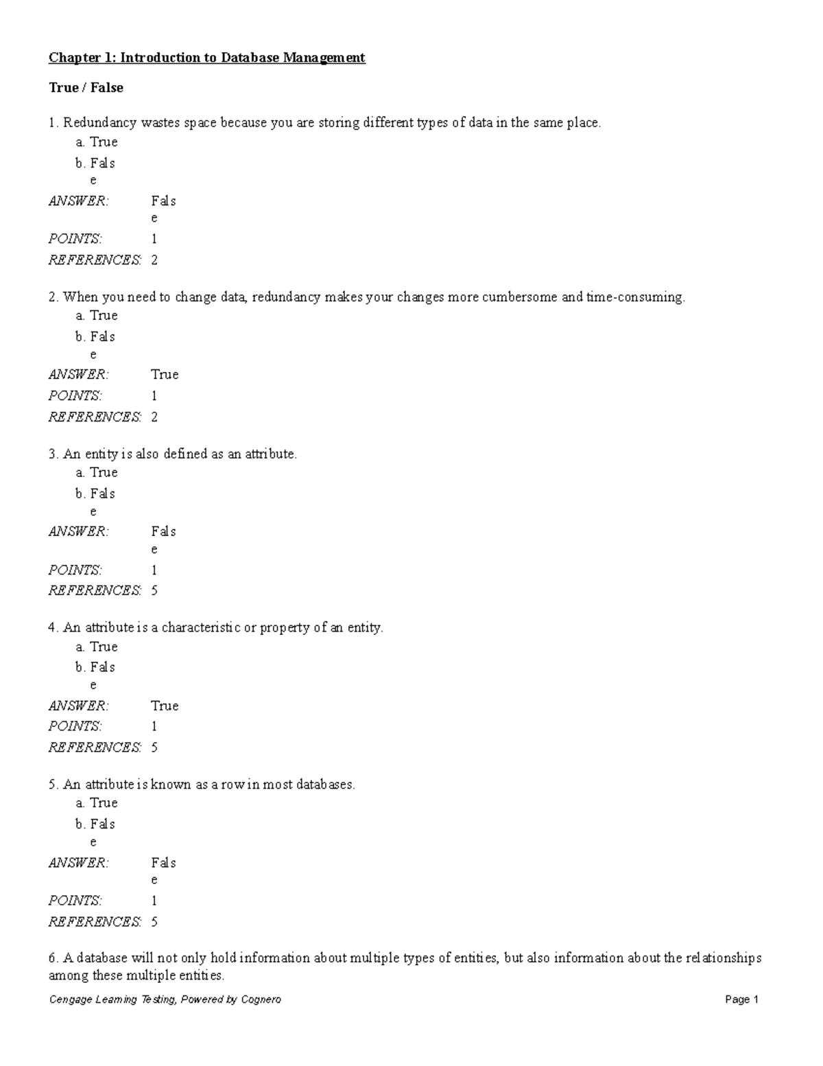 Sample-Test Bank Concepts of Database Management 8th 8E - True / False ...
