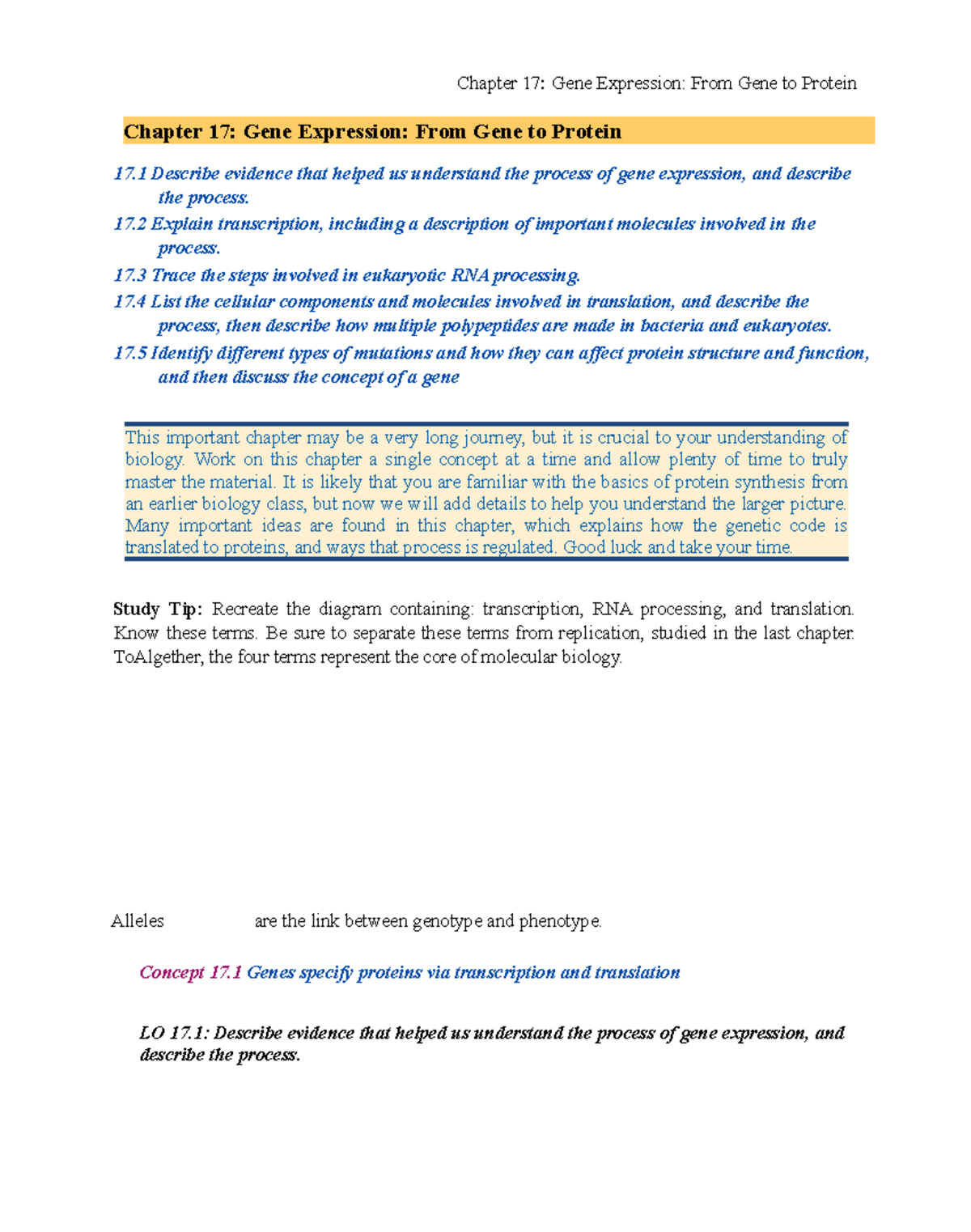Active Reading Notes 17 Short - Chapter 17: Gene Expression: From Gene ...