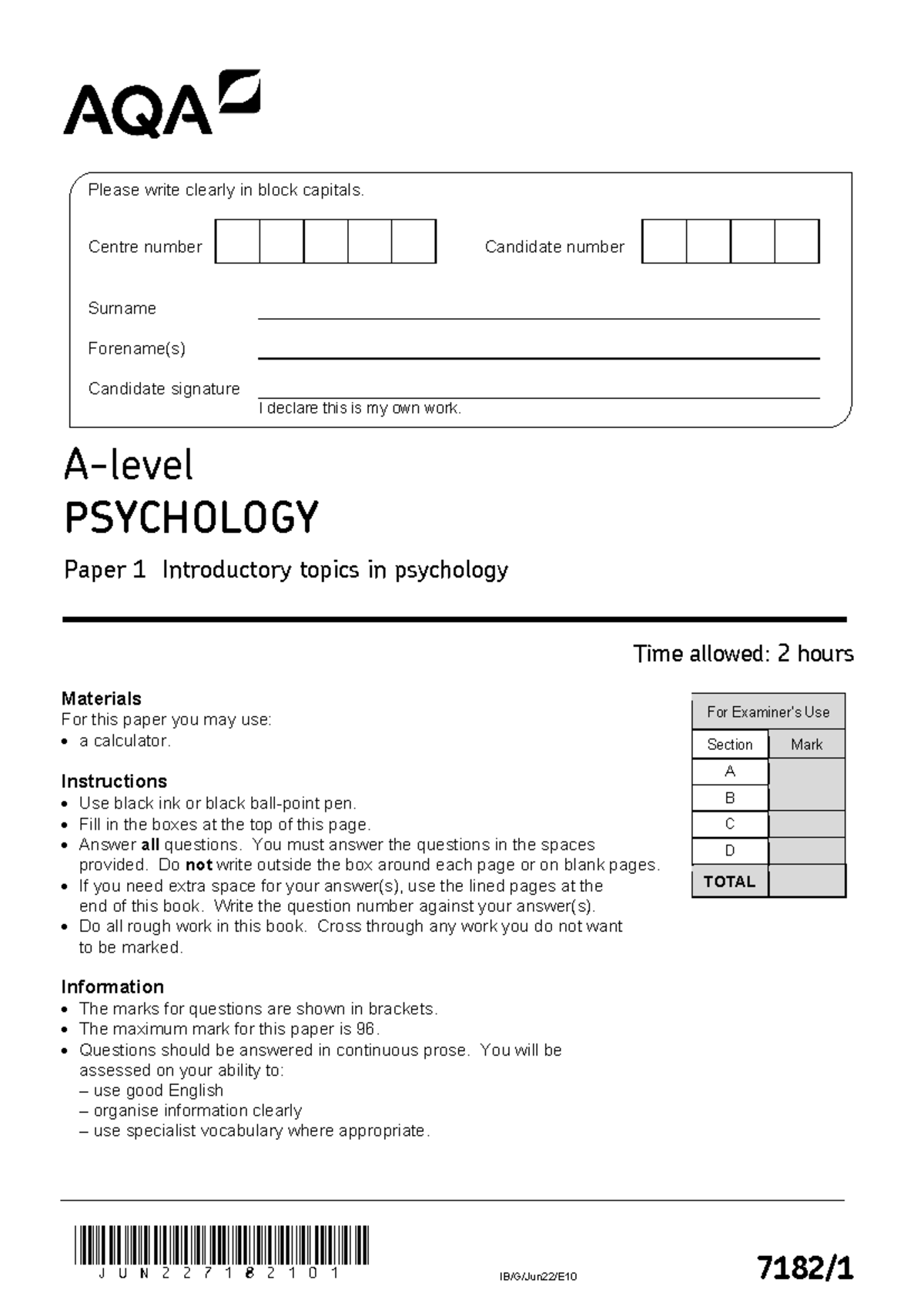 Paper 1 2022 Psychology AQA past paper - Jun227182101 IB/G/Jun22/E10 ...