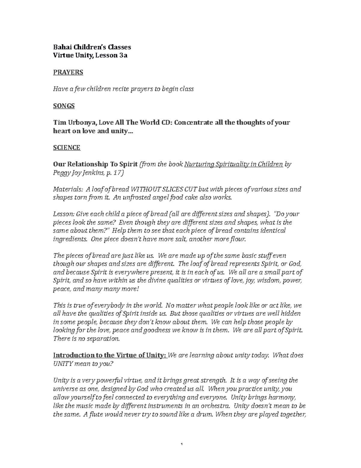 Unity-lesson-Ruhi-3a 2 - Bahai Children’s Classes Virtue Unity, Lesson ...