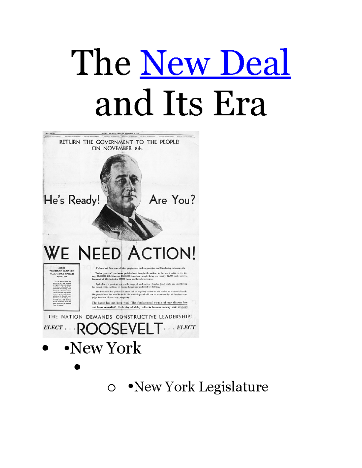 Chapter 11-12 american history - The New Deal and Its Era • New York o ...