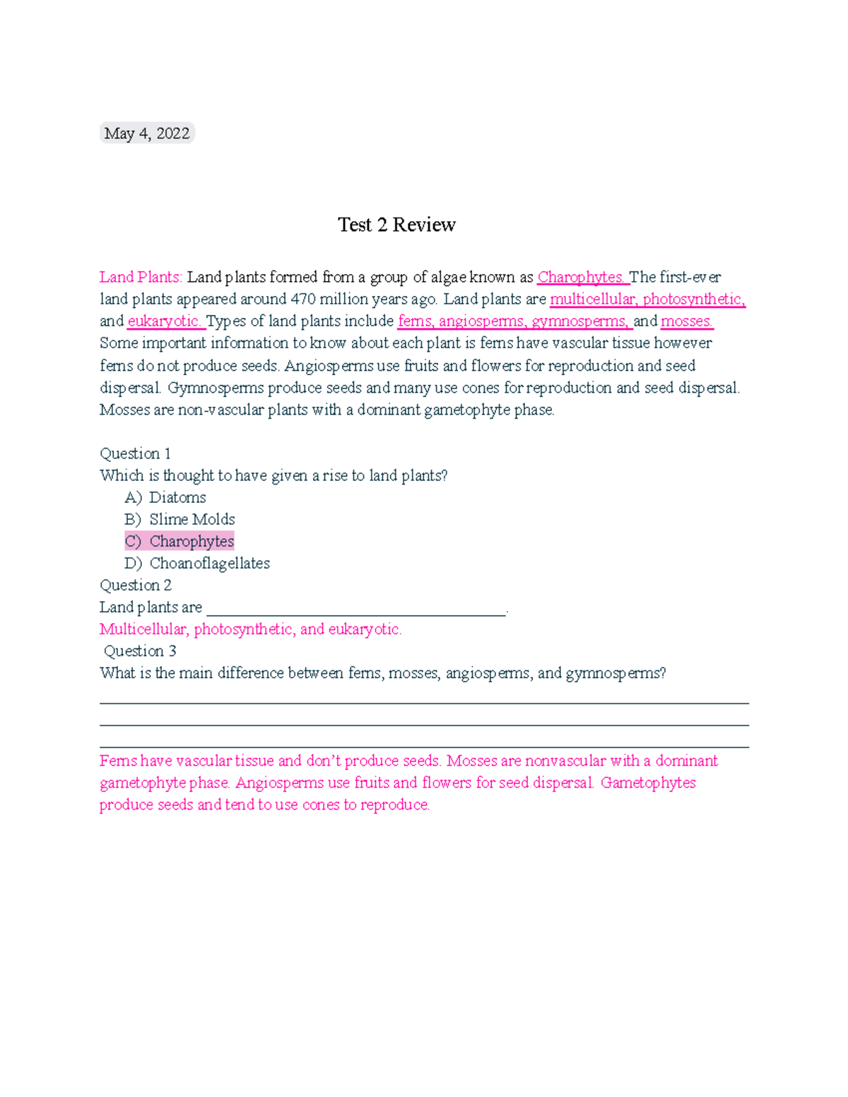 Extra credit bio assignment - May 4, 2022 Test 2 Review Land Plants ...