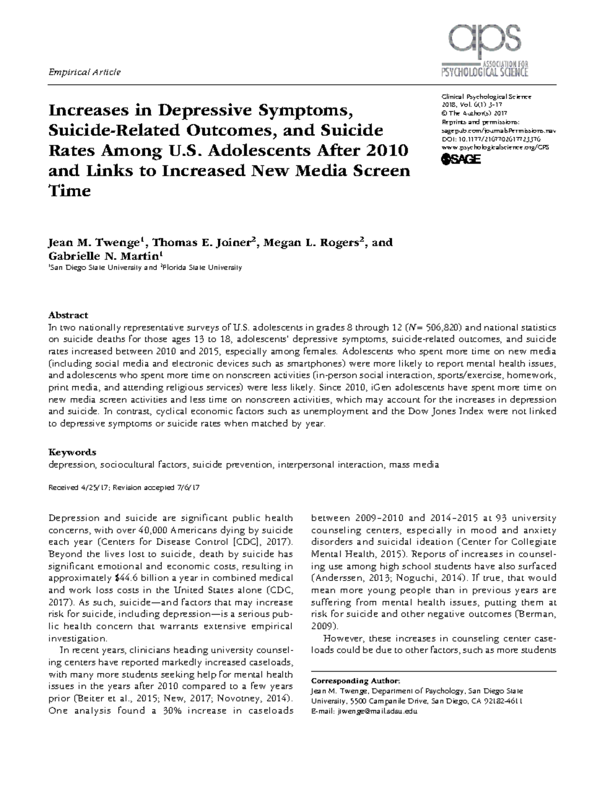 Twenge et al. (2018 ) - Depression & Screen Time - doi/10.1177 ...