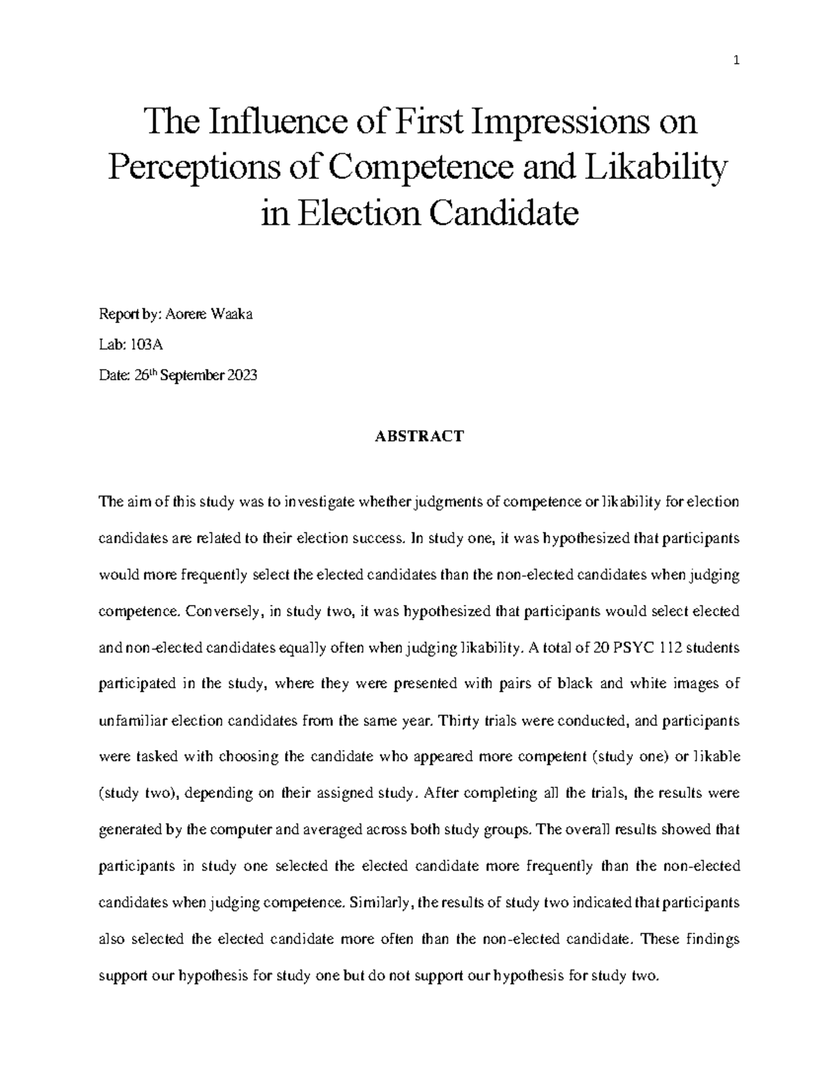 First impression - In study one, it was hypothesized that participants ...