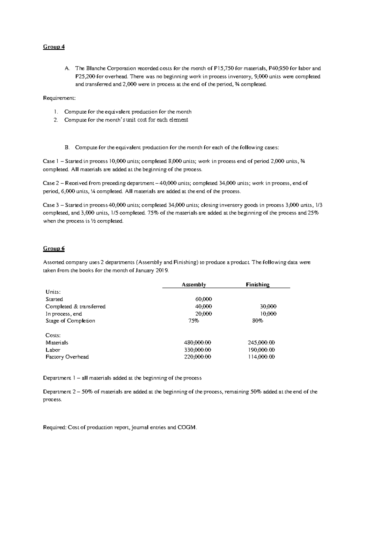 Activity Process Costing - Group 4 A. The Blanche Corporation recorded ...