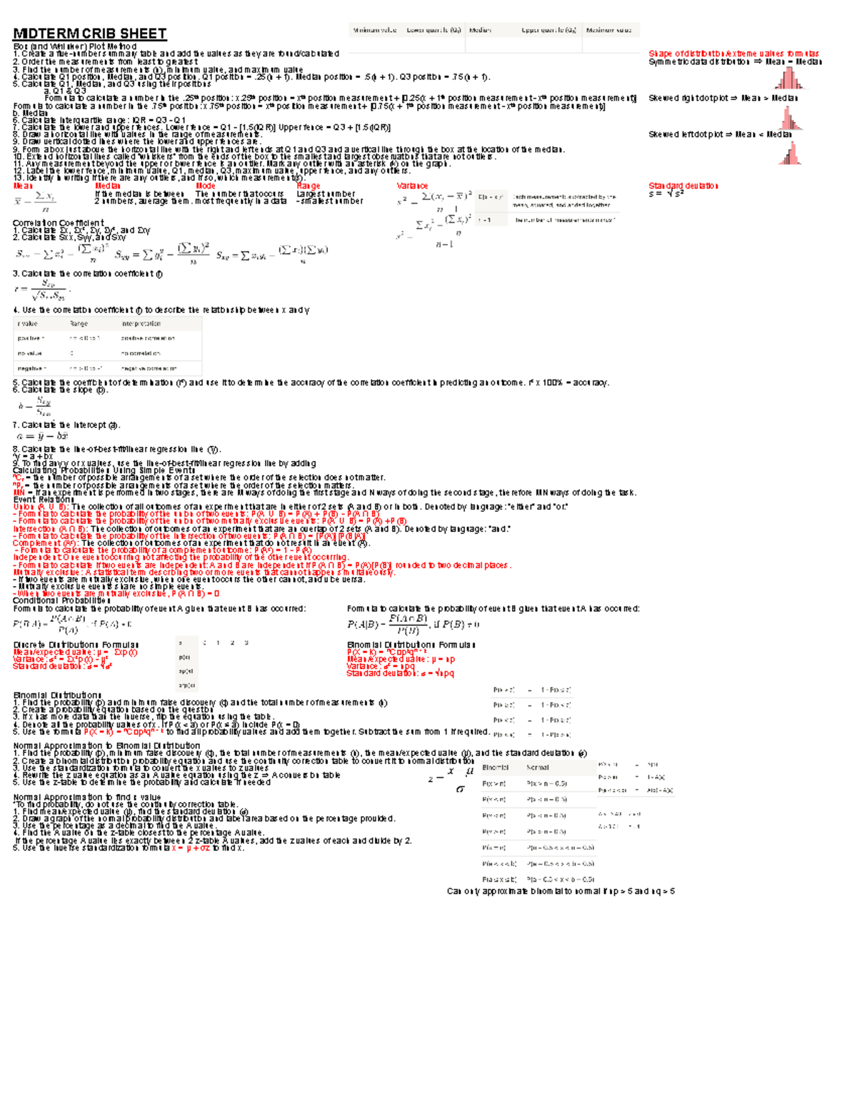 Midterm Crib Sheet - MIDTERM CRIB SHEET Box (and Whisker) Plot Method Create a five-number ...