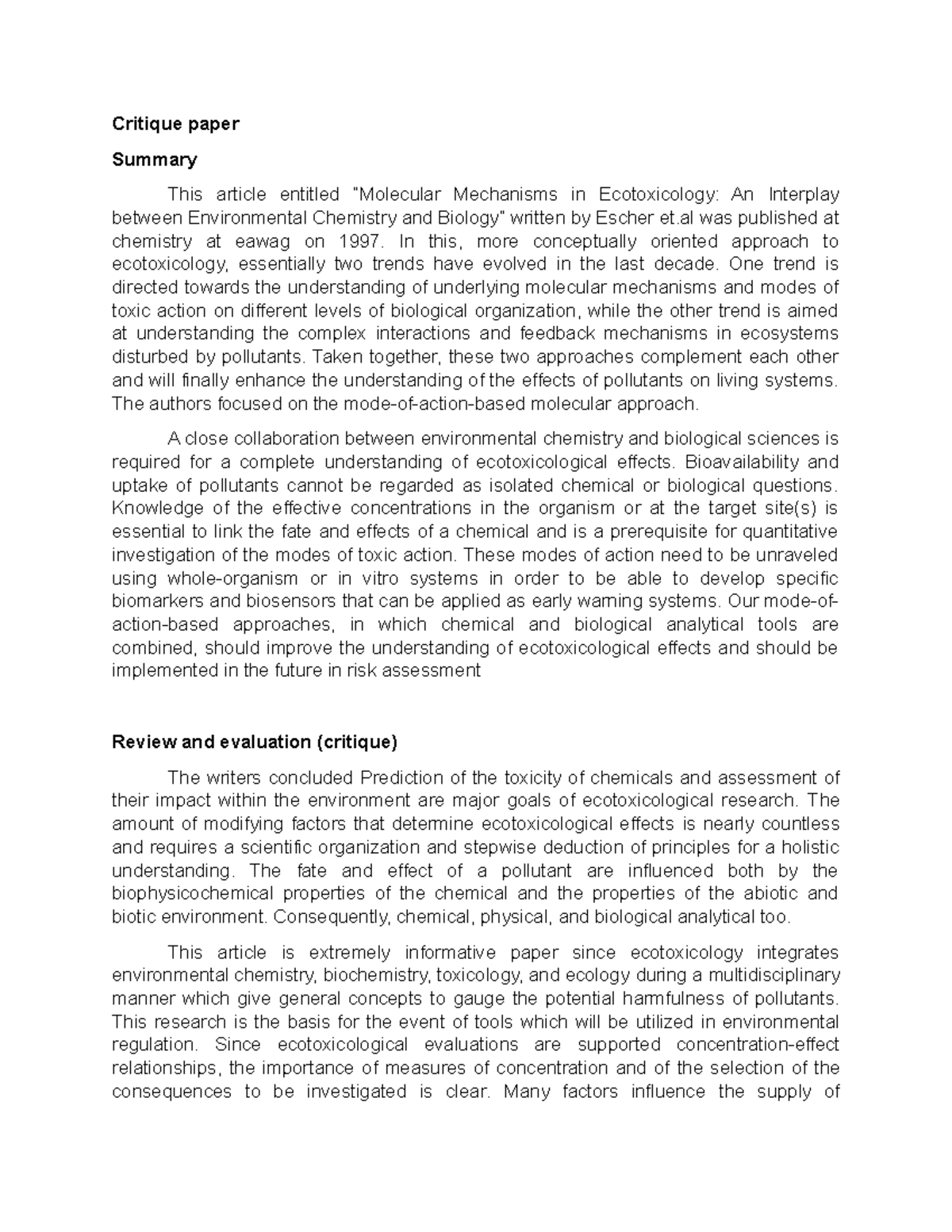 Critique paper 5natural science completion - Environmental Science ...