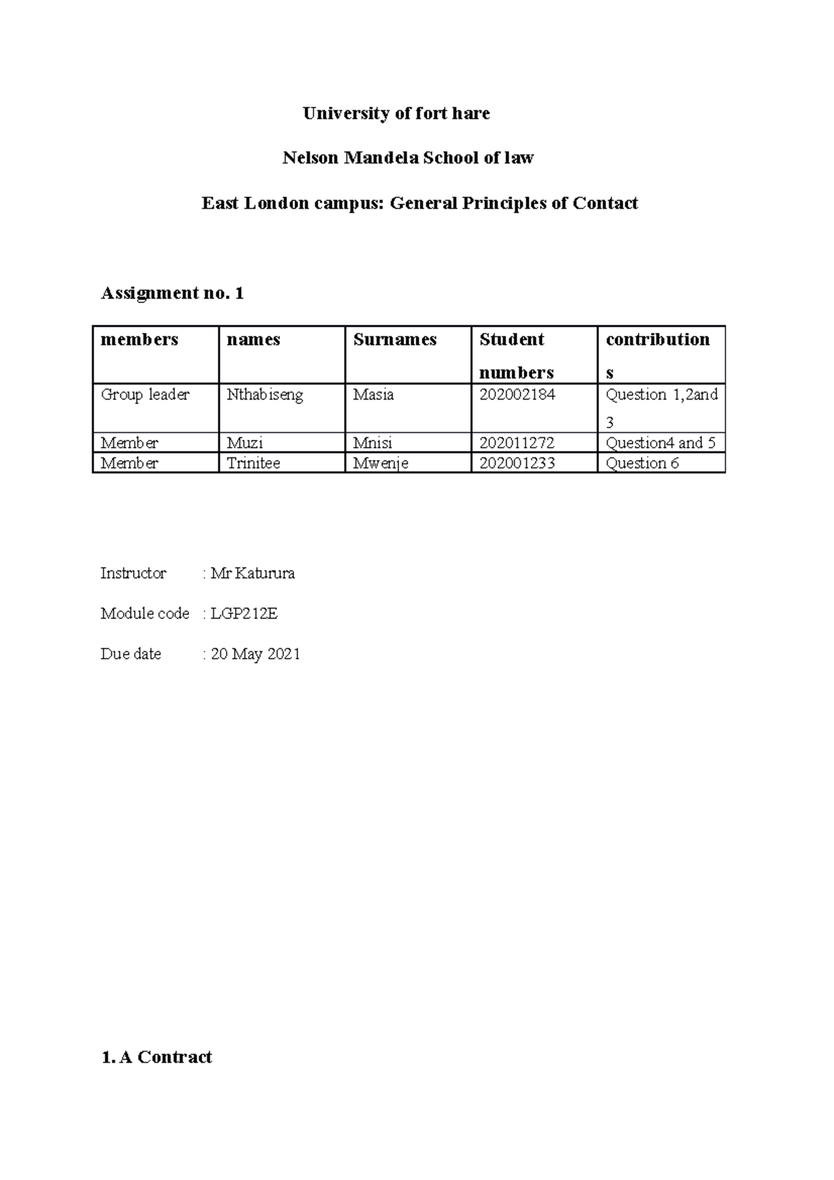 Masia LGP212E Group Assignment 1 - University of fort hare Nelson ...