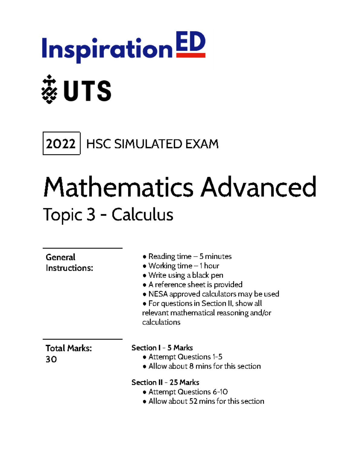 Math Adv UTS Exams - Enjoy - 2022 HSC SIMULATED EXAM Mathematics ...
