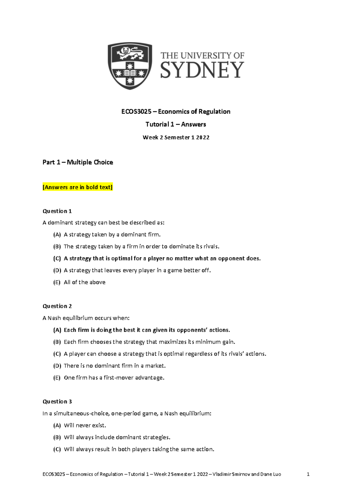 ECOS3025 Tutorial 1 Week 2 - Answer - ECOS3025 3 Economics of ...