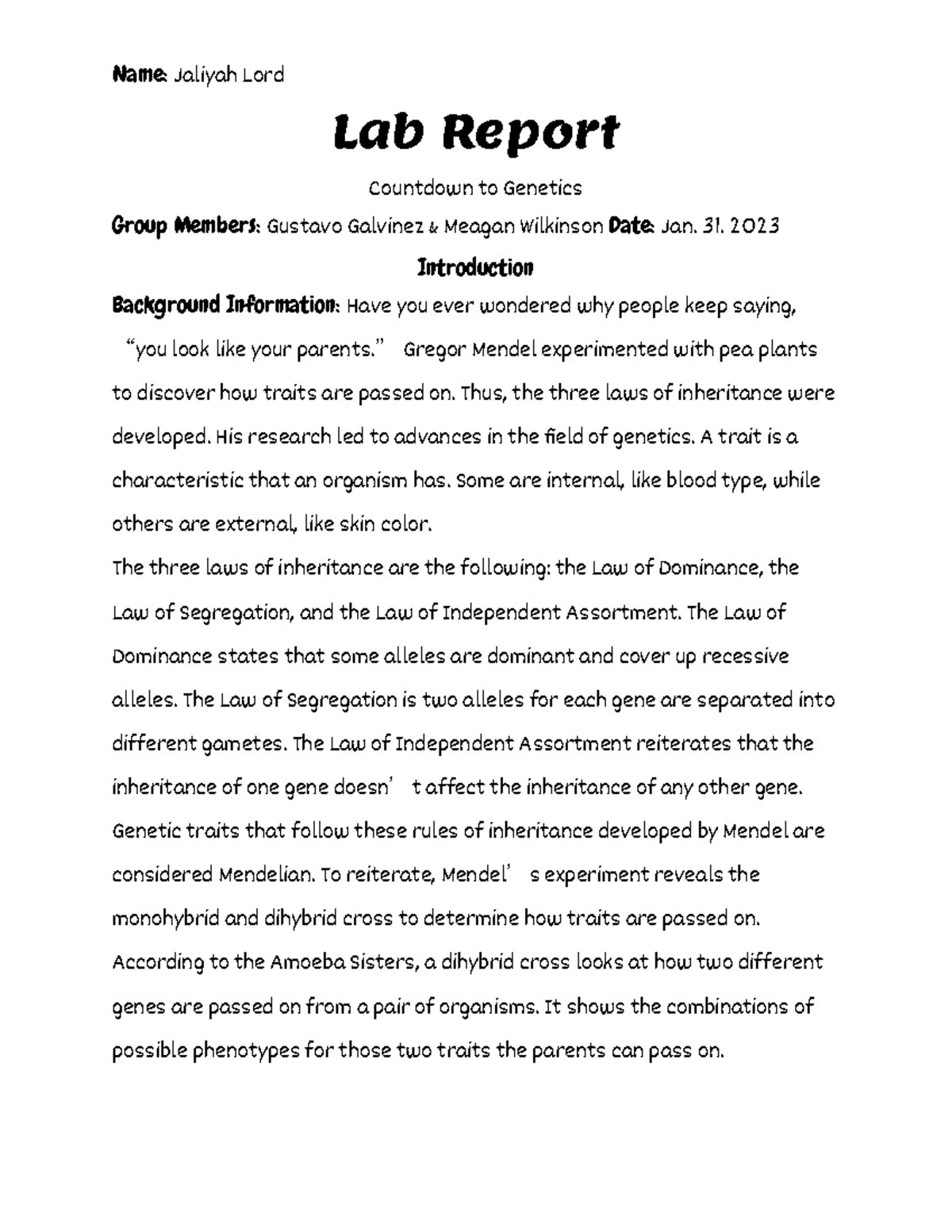 Biology Lab Report - Lab Report Countdown to Genetics Group Members ...
