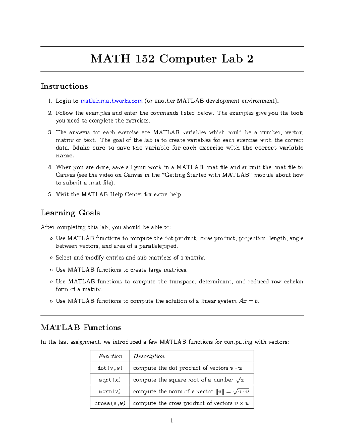 Lab2 - Matlab - MATH 152 Computer Lab 2 Instructions Login tomatlab.mathworks(or another MATLAB ...