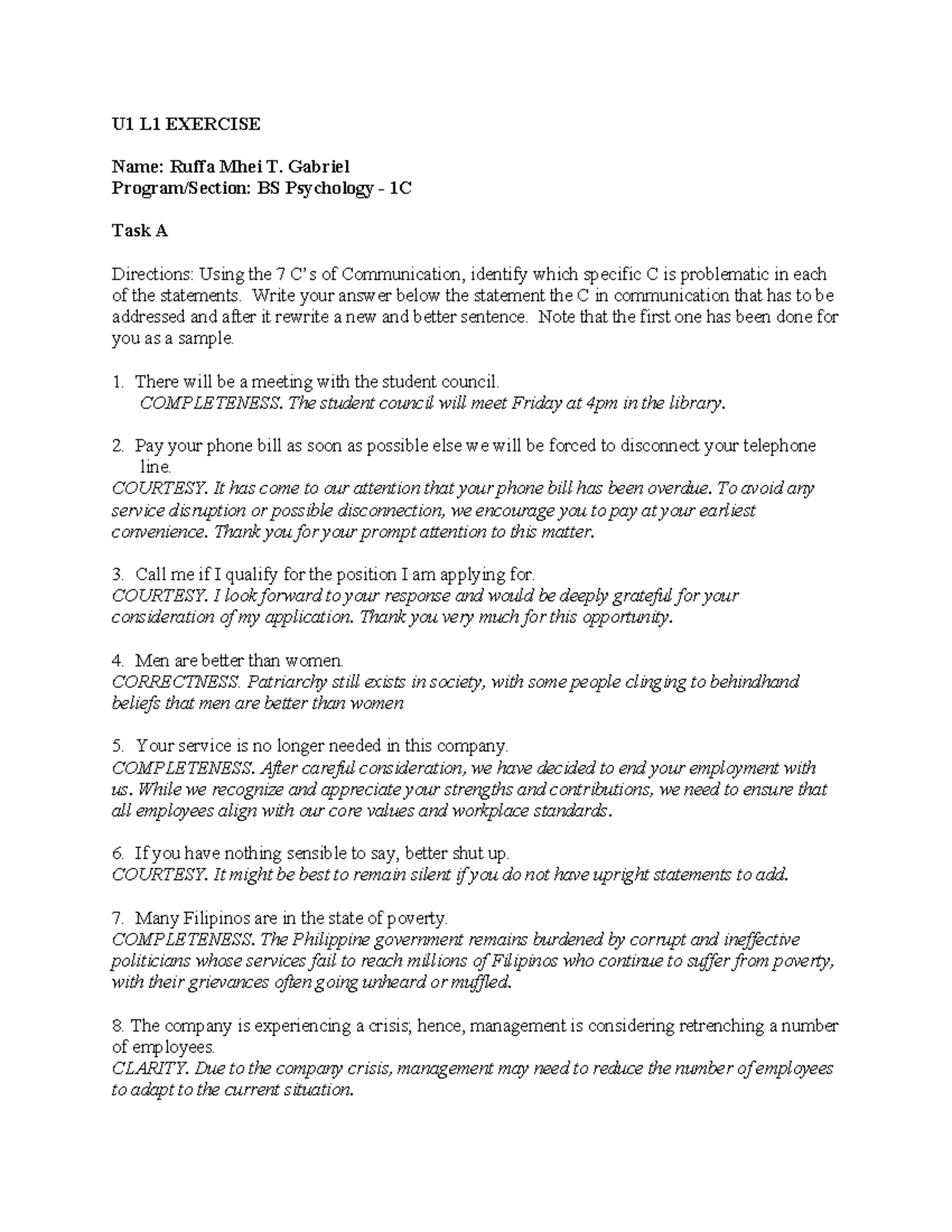 U1 L2 Exercise 1 - 7cs of Communication - U1 L1 EXERCISE Name: Ruffa ...