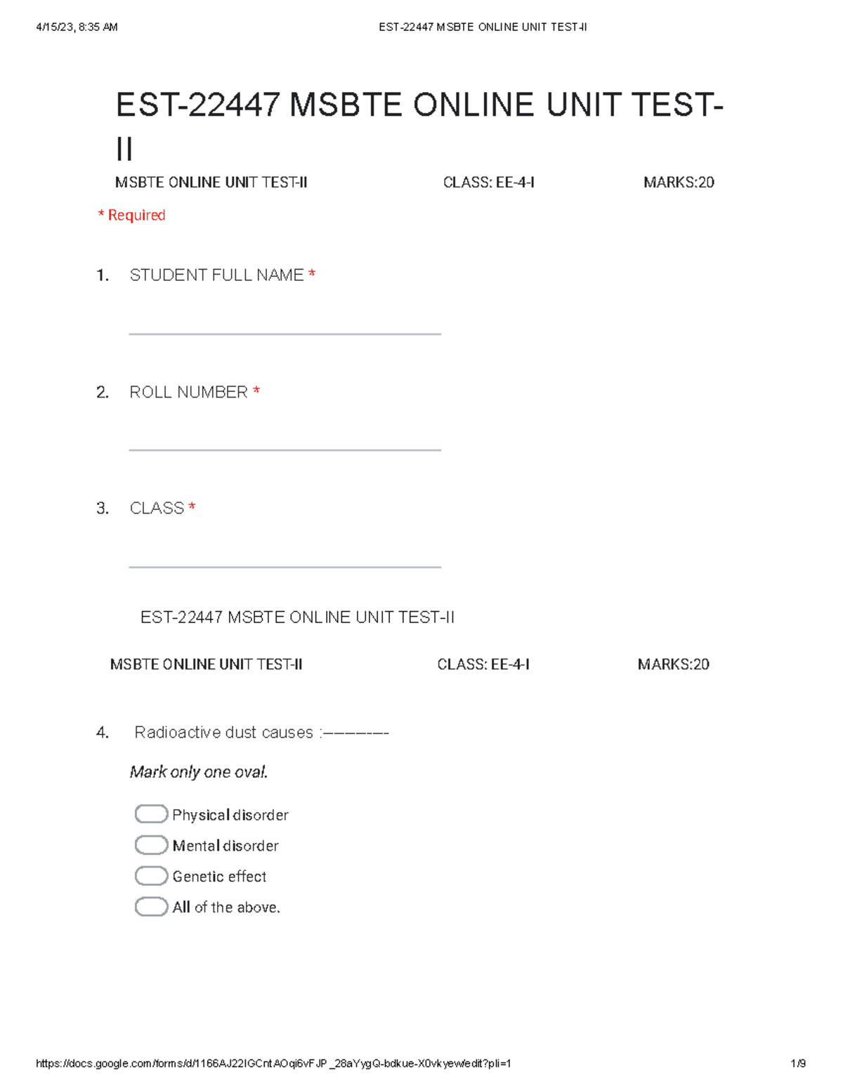 EST-22447 UNIT TEST-II - Google Forms - 1. 2. 3. EST-22447 MSBTE ONLINE ...
