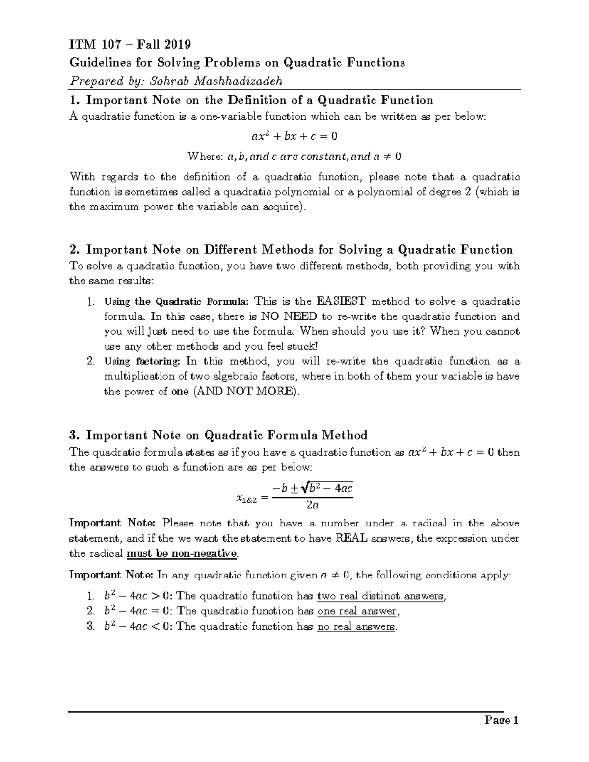 07-Guidelines for Quadratic Functions - ITM 107 – Fall 2019 Guidelines ...