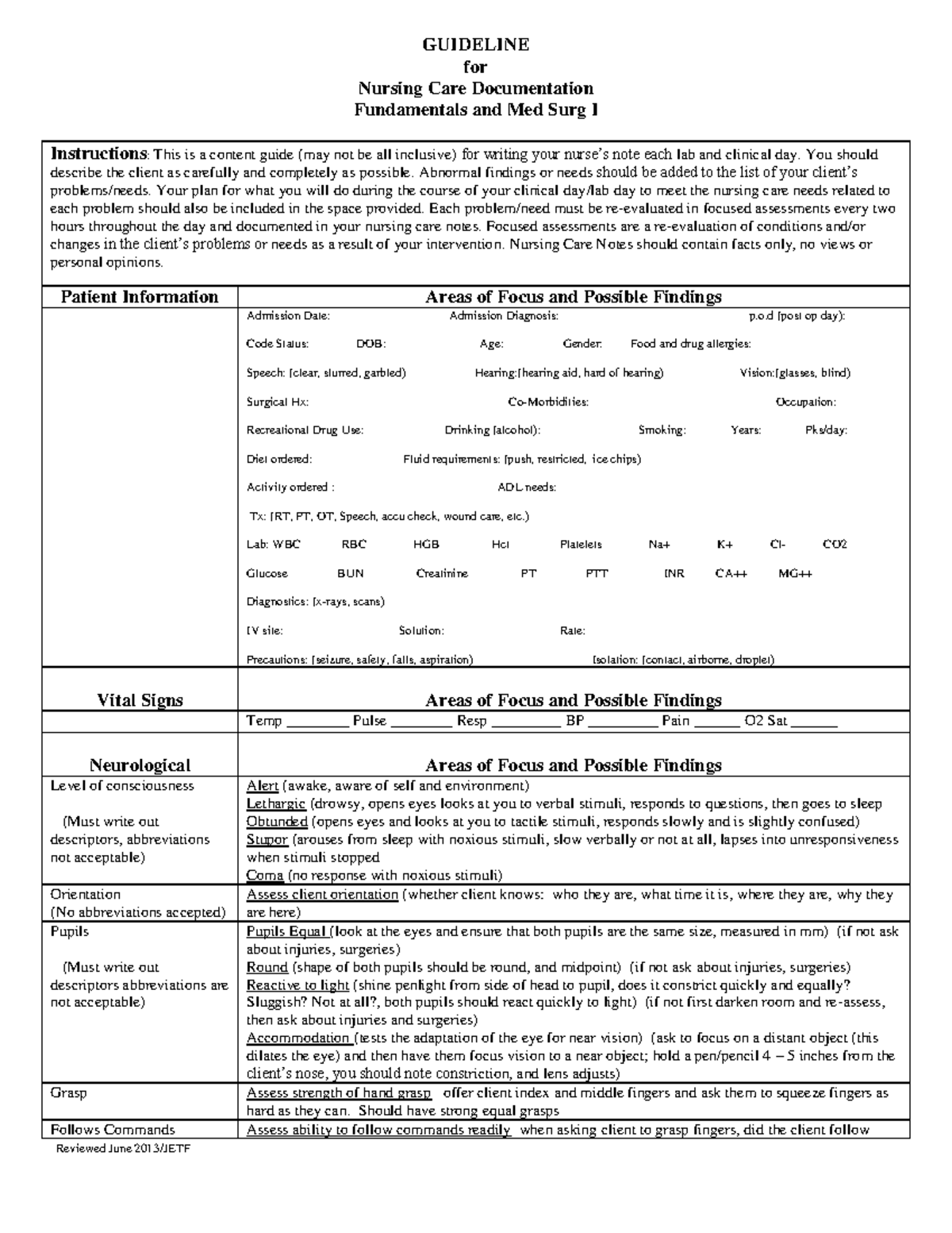 Nursing Care Documentation Note - Reviewed June 2013/JETF GUIDELINE for ...