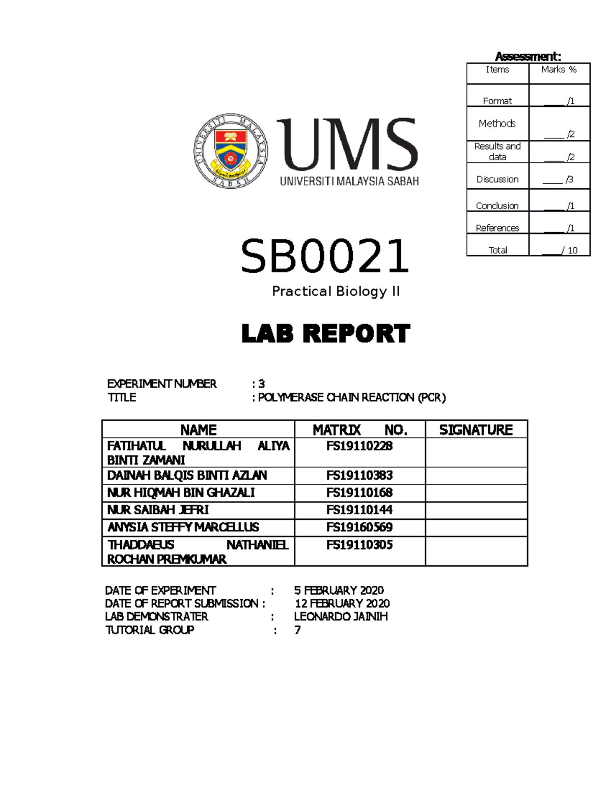 SB0021 BIO EXP 3 FULL Assignments Lab Session Biology Lab Session