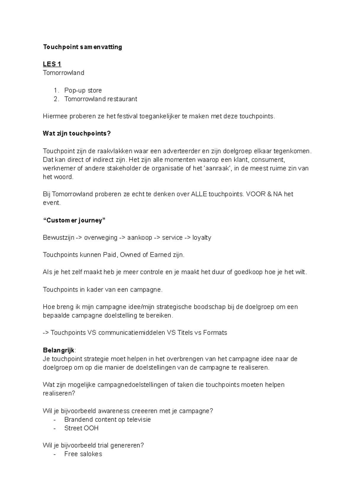 Touchpoint Samenvatting Voor Thomas More Touchpoint Samenvatting Les