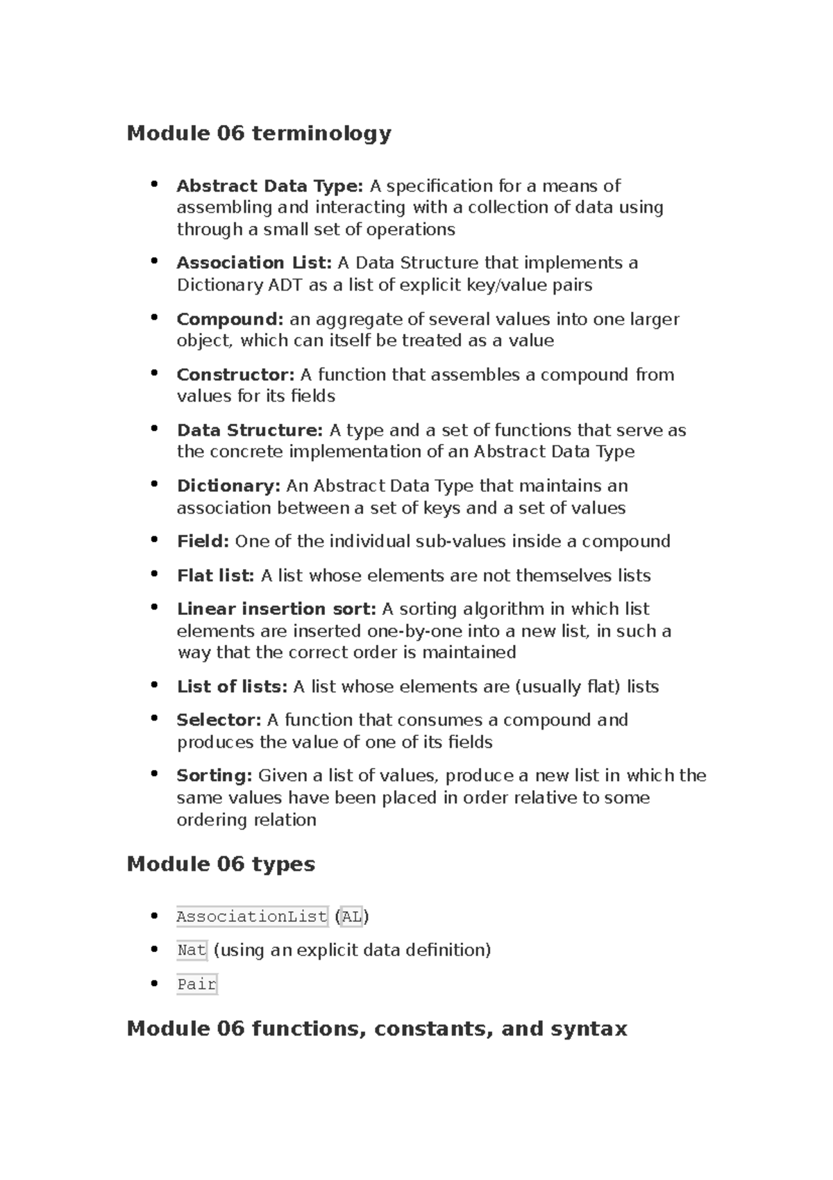 CS 115 Study Guide-M06 - Module 06 terminology Abstract Data Type: A ...
