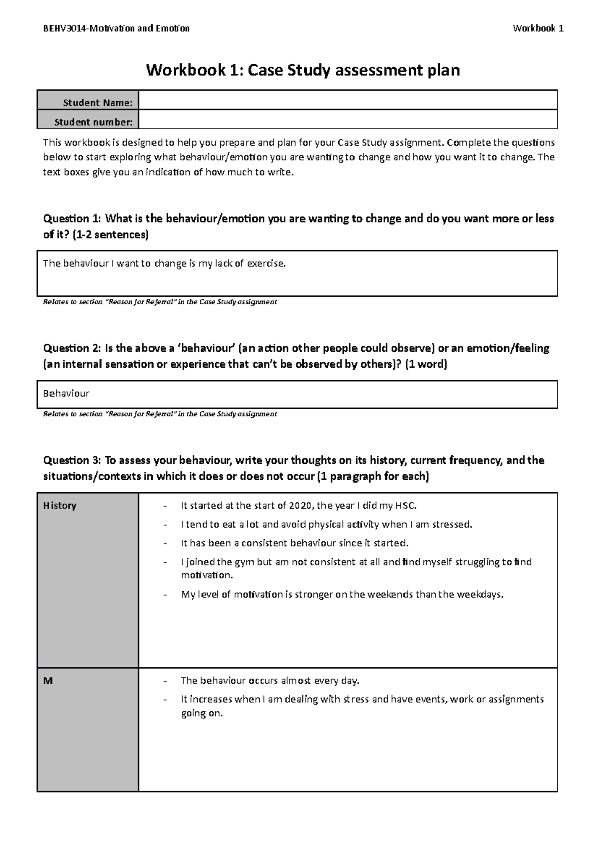 Motivation and Emotion - Workbook 1 - Workbook 1: Case Study assessment ...