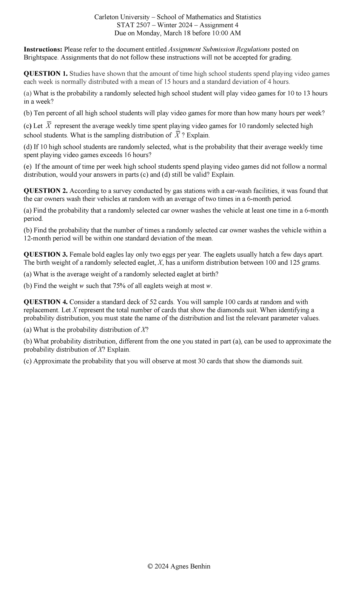 STAT 2507 Assignment 4 - © 2024 Agnes Benhin Carleton University ...