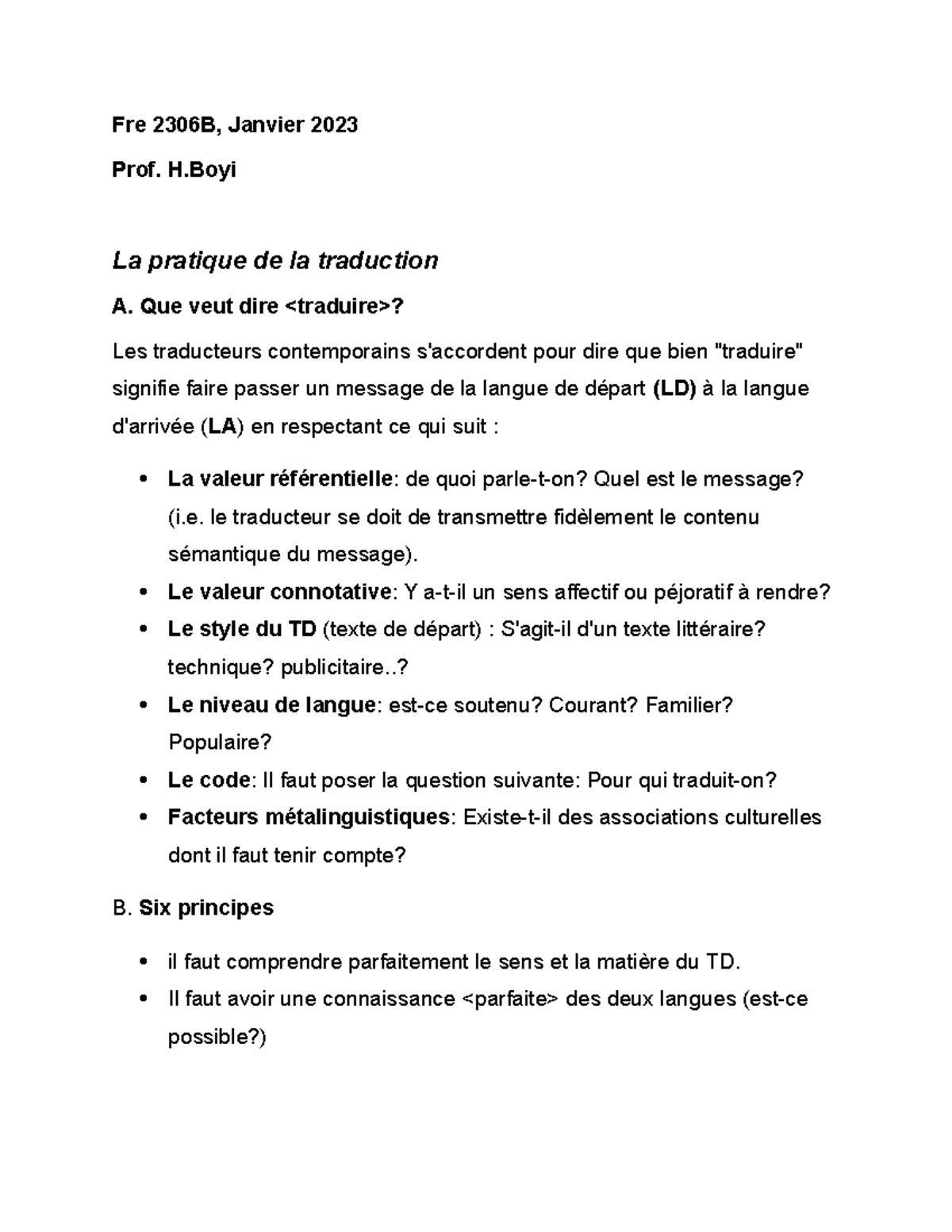 Pratique de la traduction janv. 2023 - Fre 2306B, Janvier 2023 Prof. H ...
