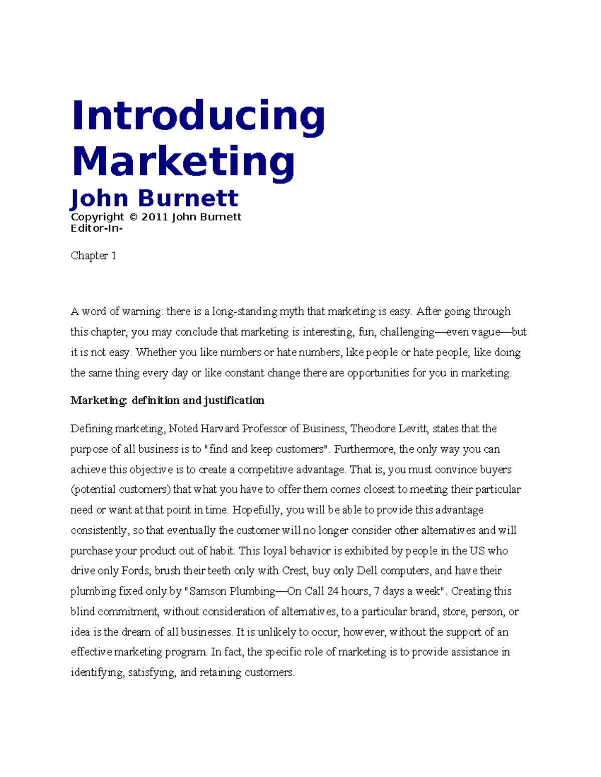 Chapter 1 - Marketing - Introducing Marketing John Burnett Copyright ...