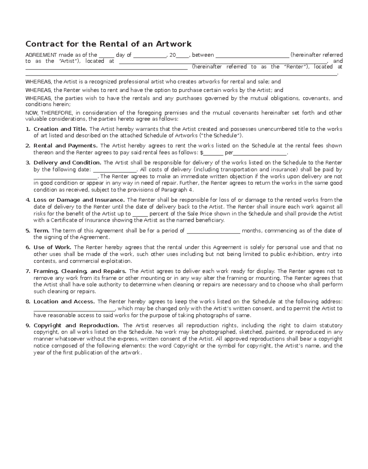 Form 09 - Contract for the Rental of an Artwork Template from the ...