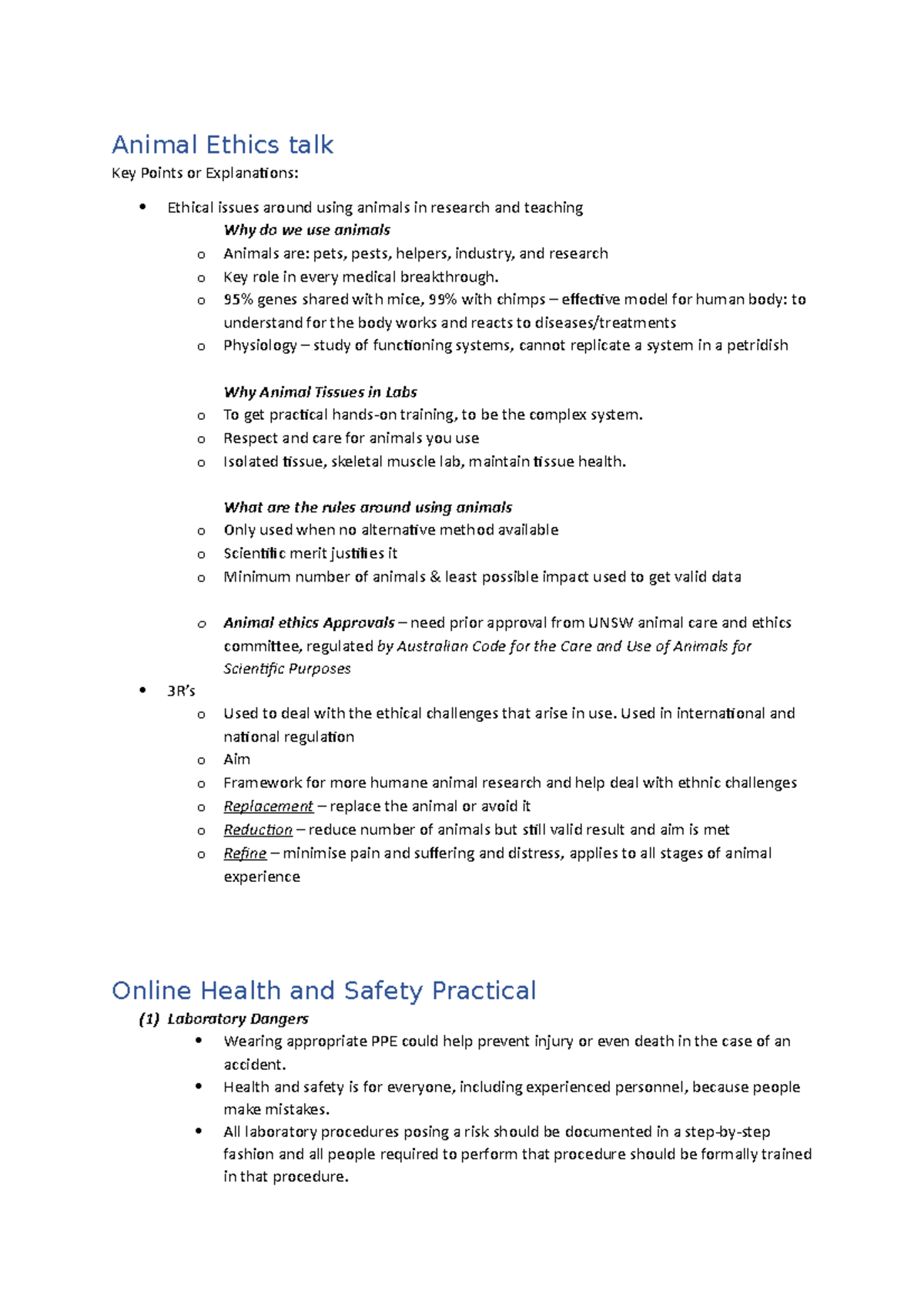 Animal Ethics and Lab Safety Prac Notes - Animal Ethics talk Key Points ...