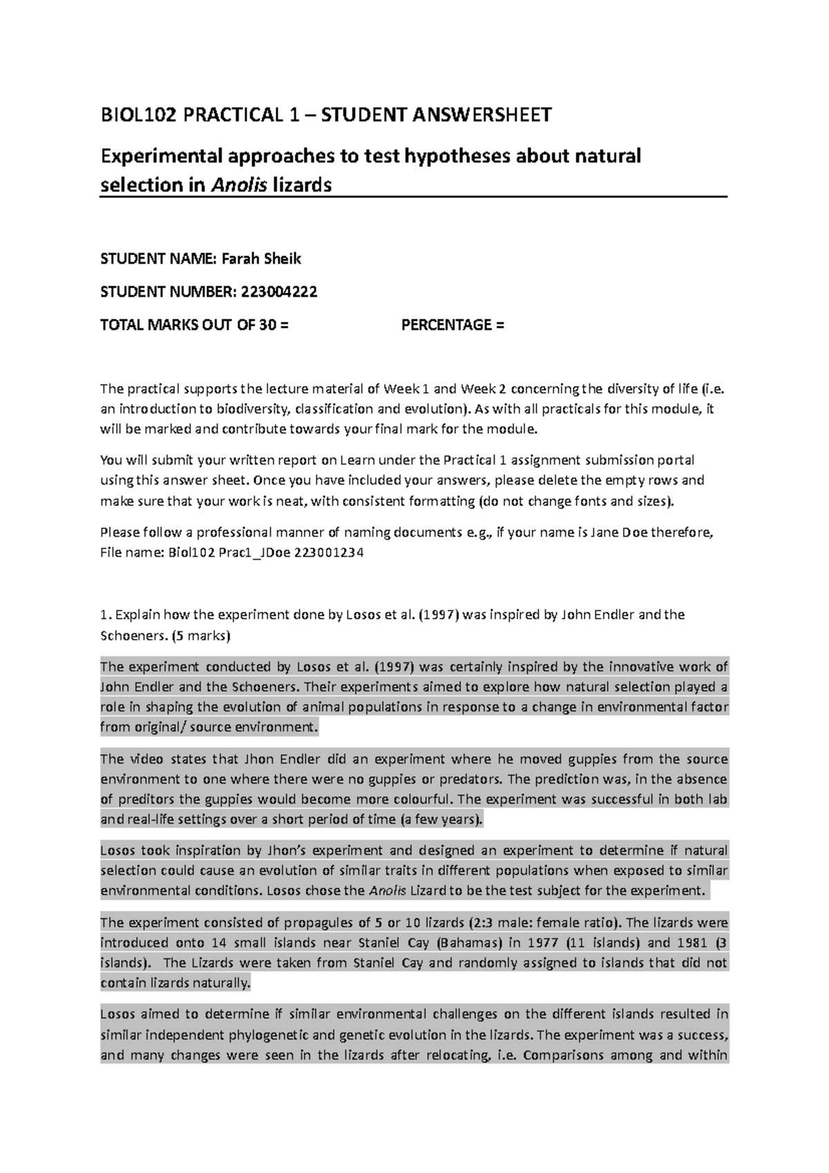 BIOL102 Practical 1 Answer sheet - BIOL102 PRACTICAL 1 – STUDENT ...
