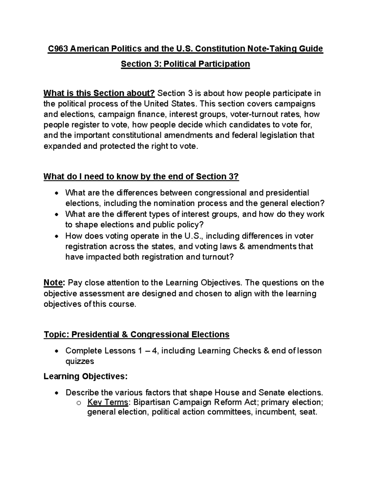 Section 3 C963 Note Guide - C963 American Politics and the U ...