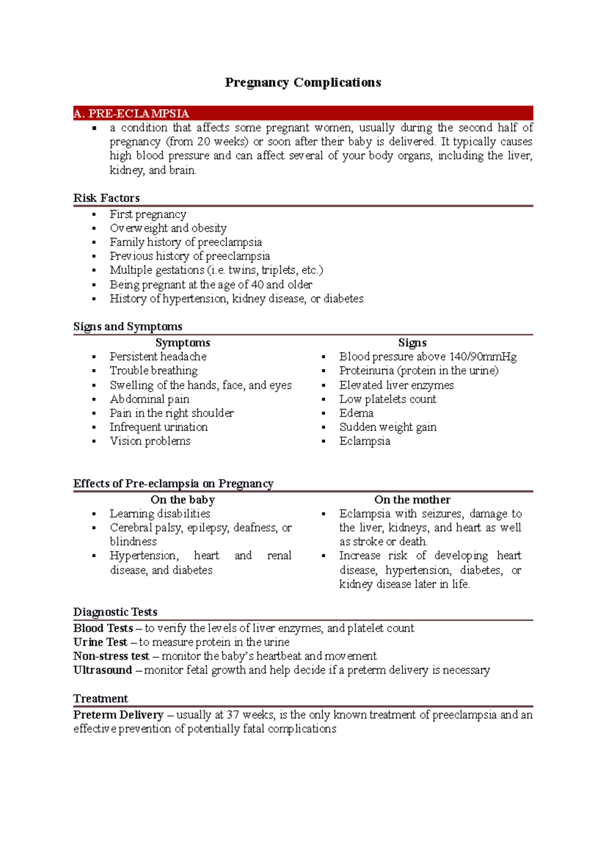 Pregnancy-Complications - Pregnancy Complications A. PRE-ECLAMPSIA a ...