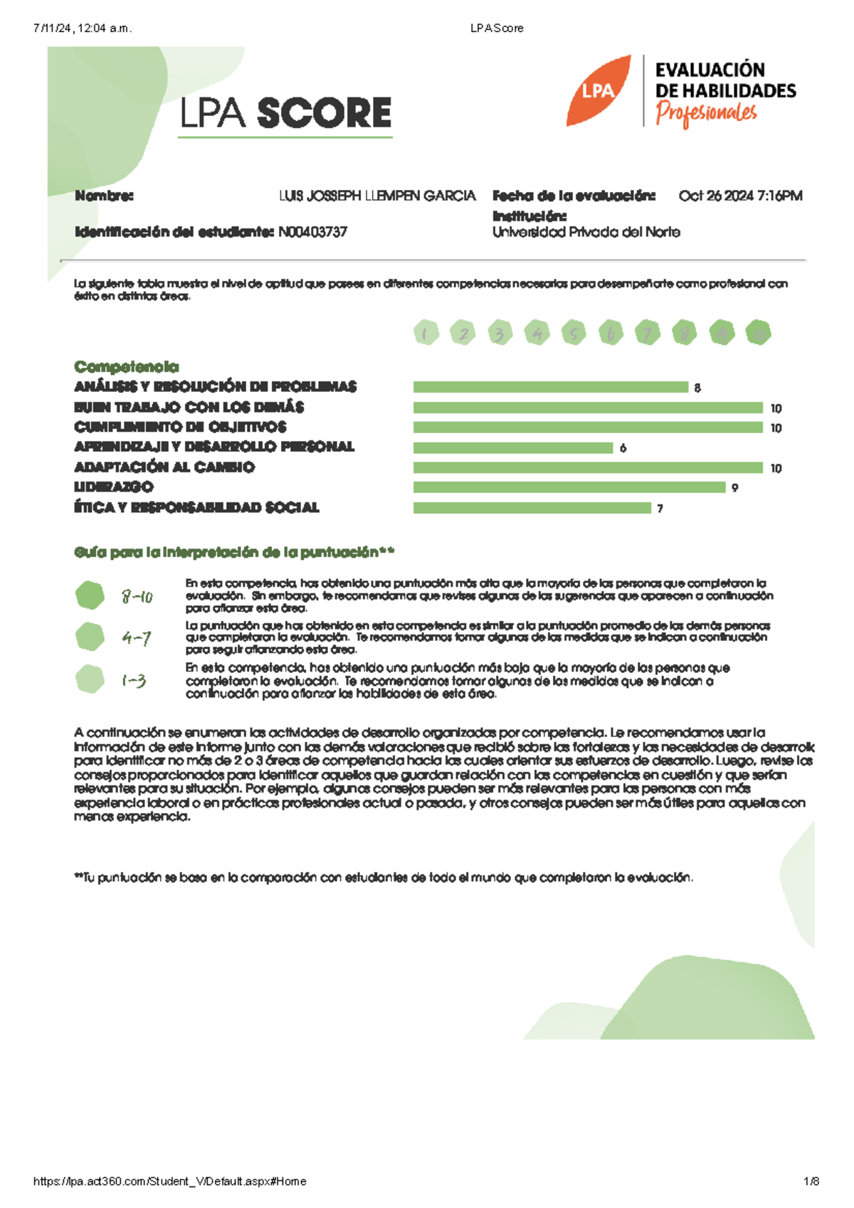 LUIS Josseph Llempen Garcia 2024-11-06 - LPA SCORE Nombre: LUIS JOSSEPH ...